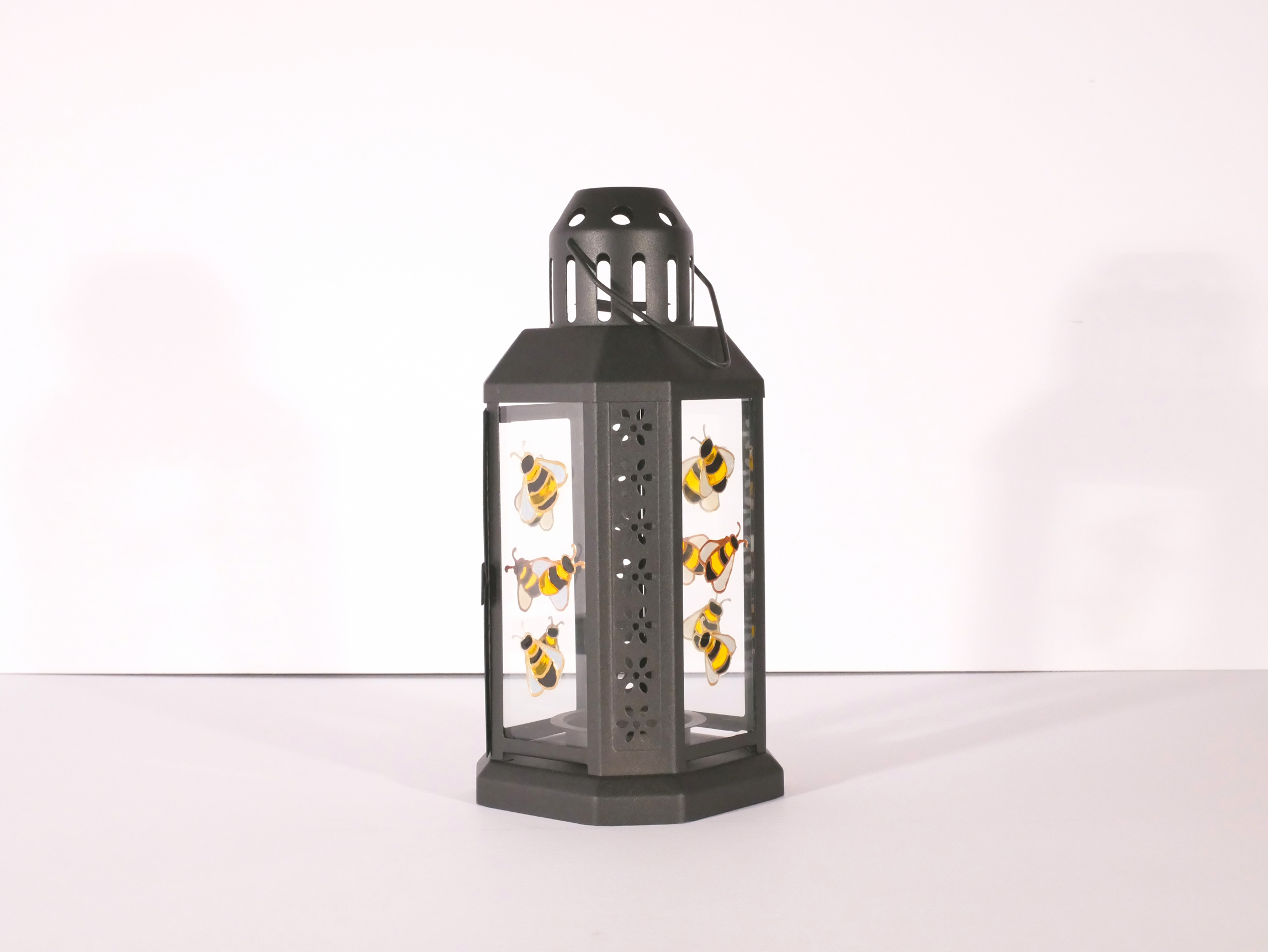 Lantern with bees on it, bees painted on lantern, beautiful bees, bee art