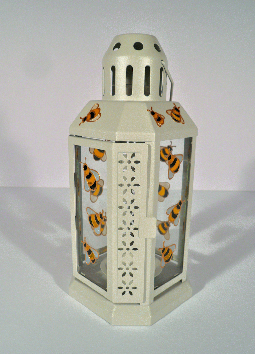 Lantern with bees on it, bees painted on lantern, beautiful bees, bee art